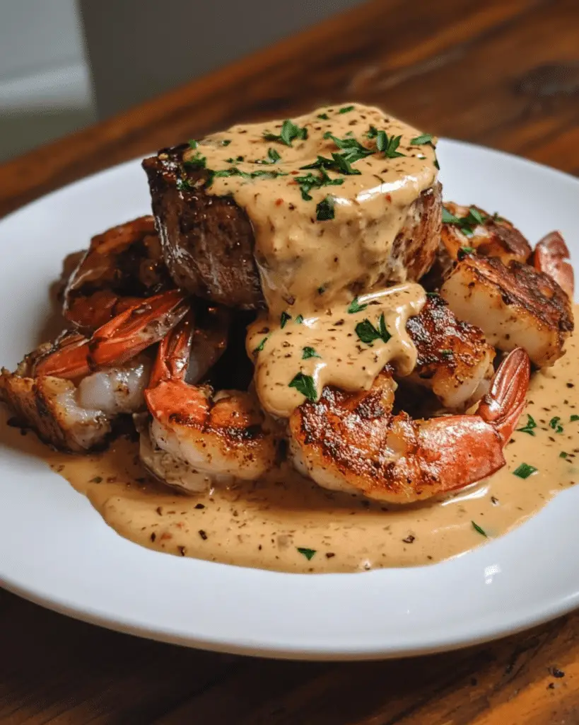 Surf and Turf with Creamy Garlic Sauce