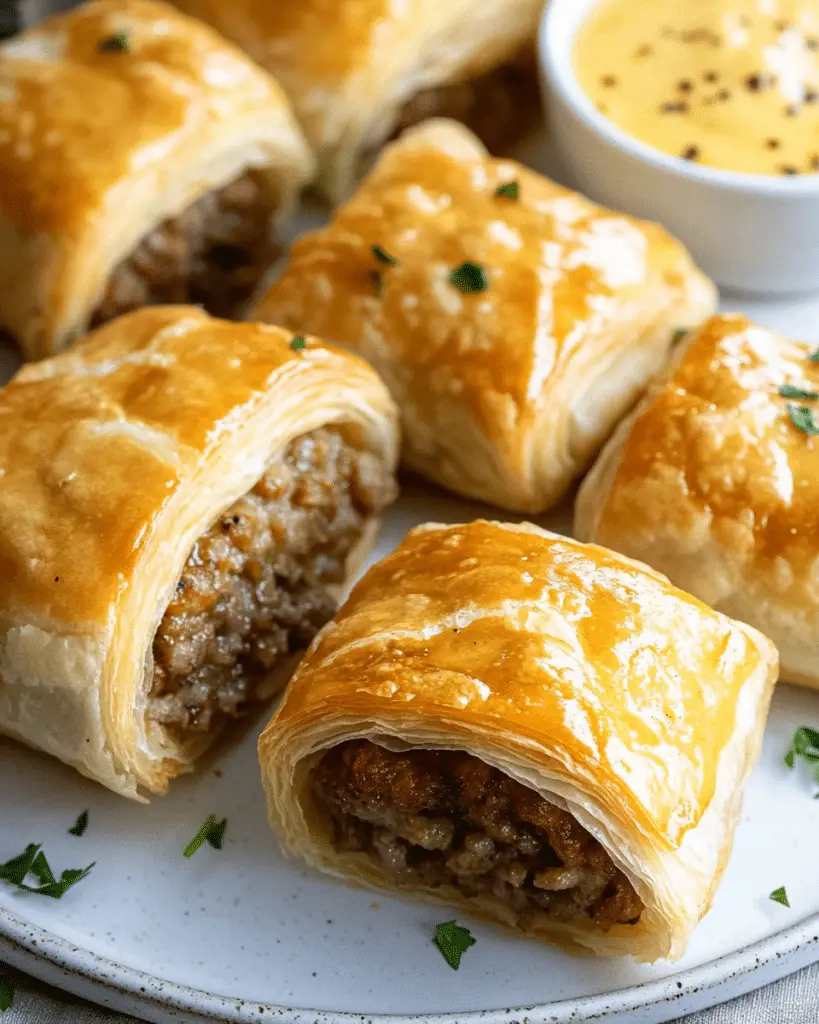 Sausage Puff Pastry Rolls with Honey Mustard Dipping Sauce