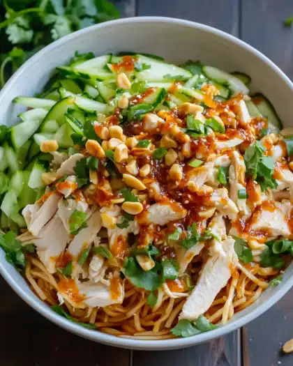 Cold Sesame Chicken Noodles with Crunchy Veggies and Peanut