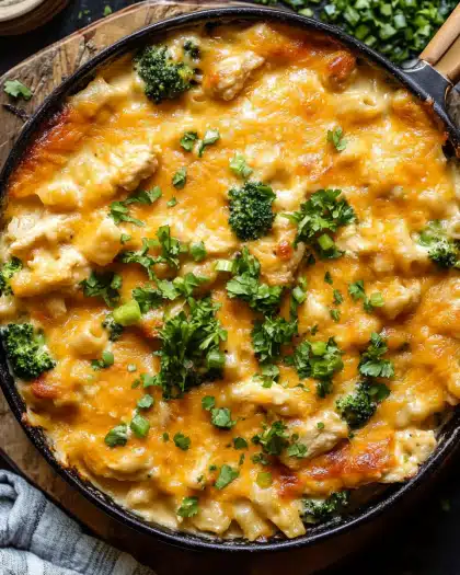 Spicy Chicken & Broccoli Pasta Bake with Cheddar and Hot Sauce