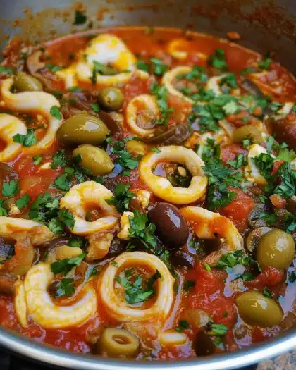 Spicy Calamari Stew with Olives and Tomatoes