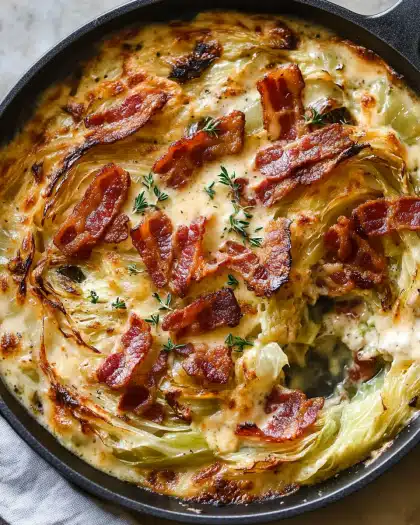 Creamy Baked Cabbage with Crispy Bacon and Gruyere