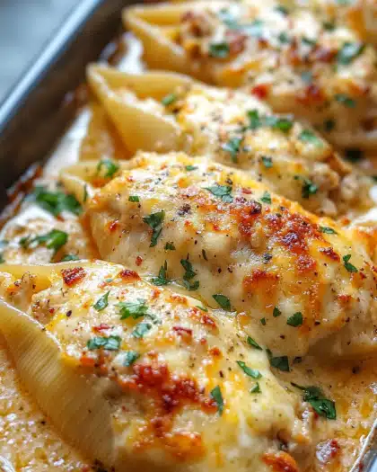 Cheesy Chicken Stuffed Shells with Creamy Garlic Sauce