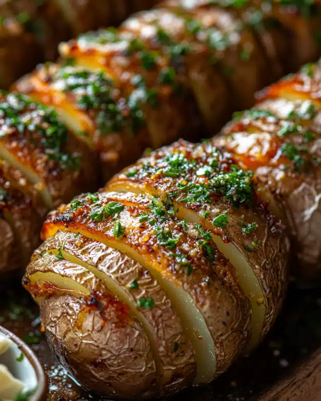 Crispy Hasselback Potatoes with Roasted Garlic Herb Butter