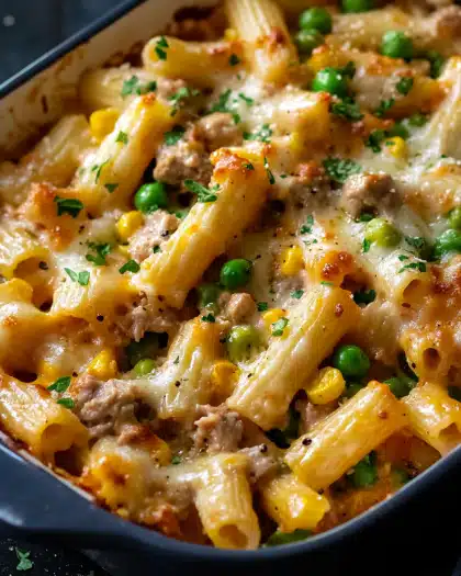 Cheesy Tuna Pasta Bake with Sweet Corn and Peas