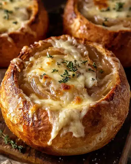 Hearty French Onion Soup in Sourdough Bread Bowls