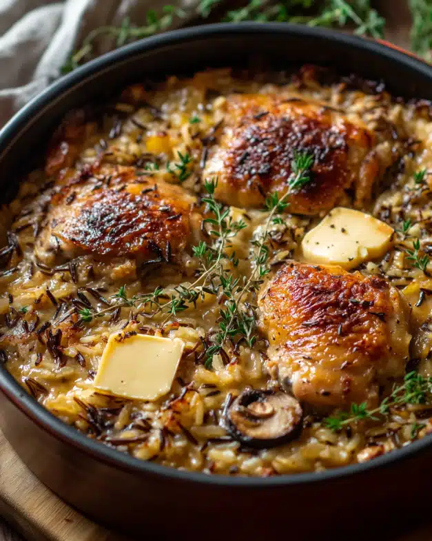 Savory Baked Chicken Thighs with Wild Rice and Gouda