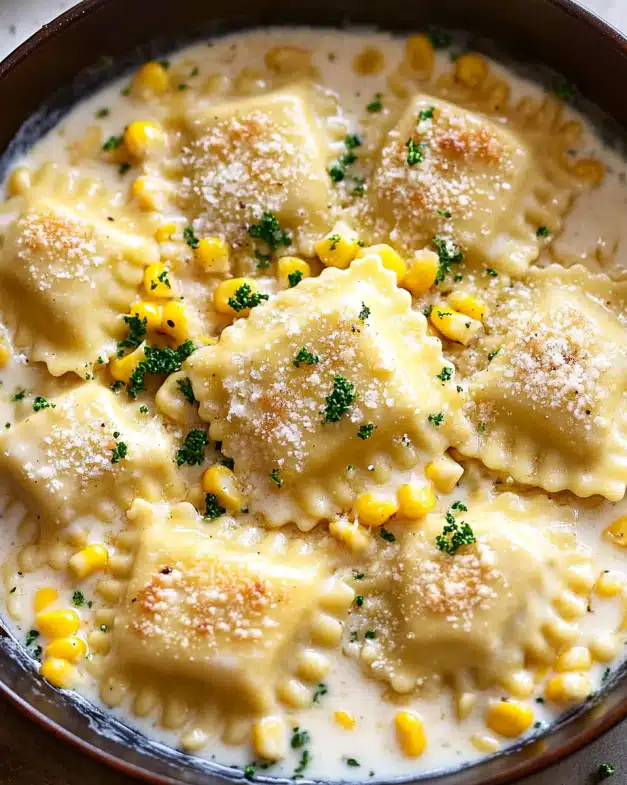 Creamy Parmesan Corn Ravioli Skillet