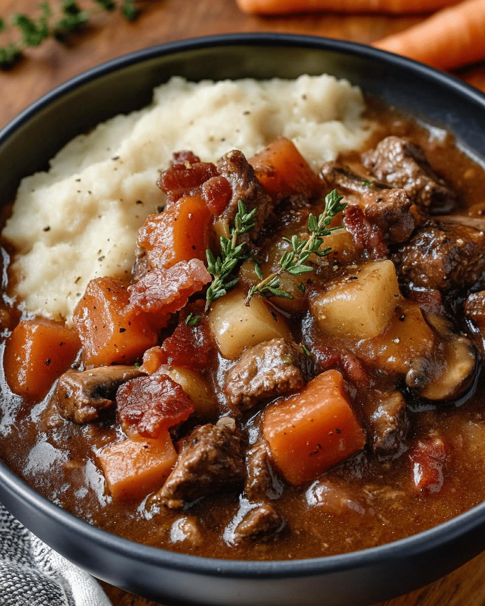 Slow Cooker Beef Stew with Bacon Mushrooms and Vegetables