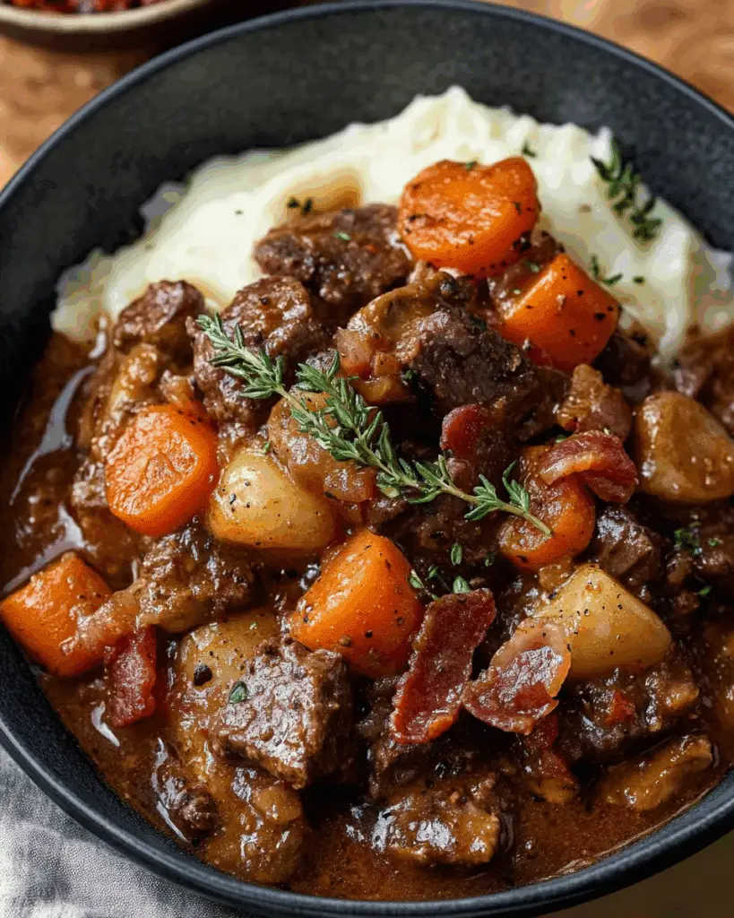 Slow Cooker Beef Stew with Bacon Mushrooms and Vegetables