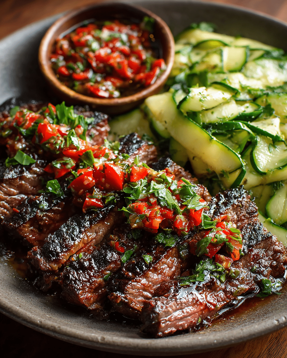 Balsamic Skirt Steak with Red Pepper Relish & Zucchini Salad