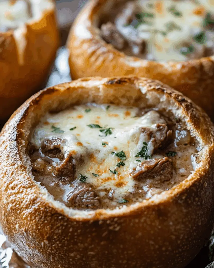 Sirloin Stew in Cheesy Sourdough Bowls