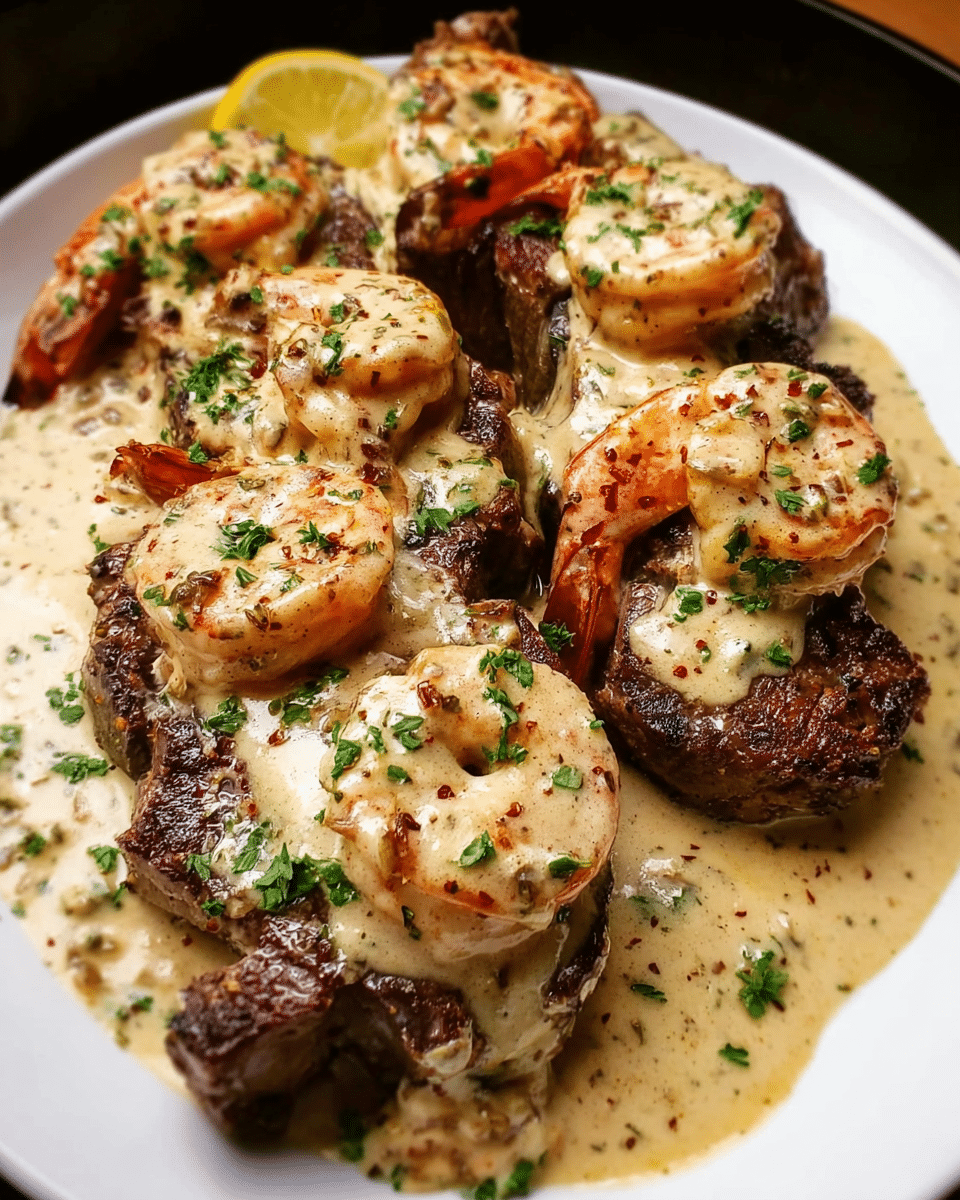 Steak With Creamy Garlic Shrimp – Easy Surf & Turf Recipe