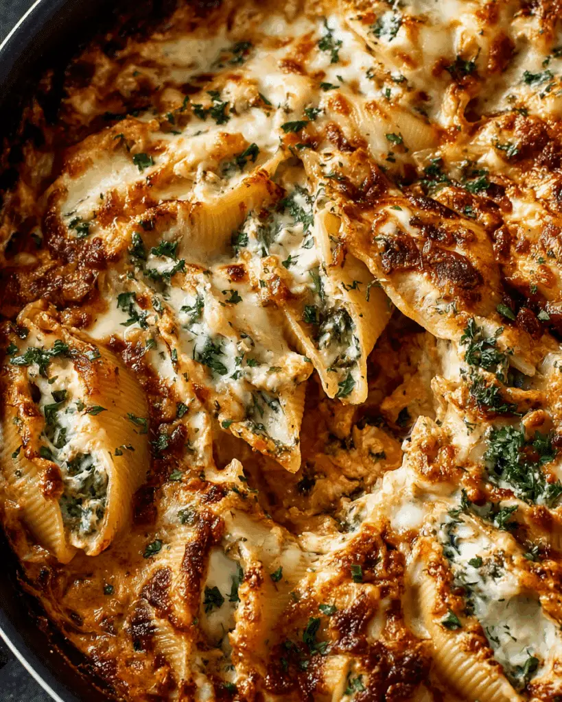 Baked Stuffed Shells with Creamy Tomato Sauce & Herb Pesto