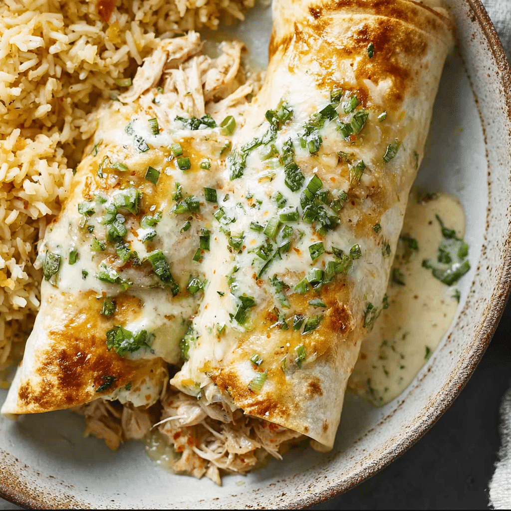 Baked Chicken Burritos with Creamy Green Chile Sauce