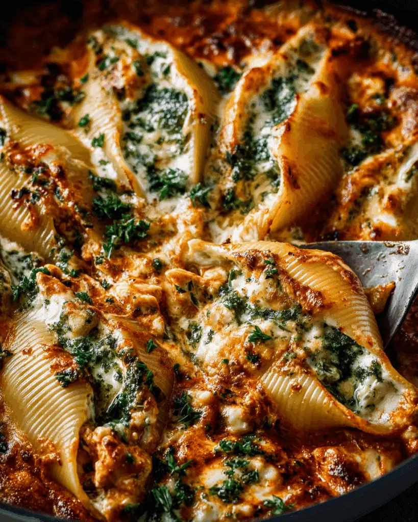 Baked Stuffed Shells with Creamy Tomato Sauce & Herb Pesto