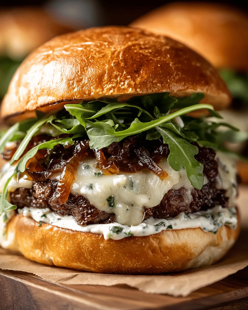 Caramelized Onion and Garlic Burger with Creamy Herb Sauce