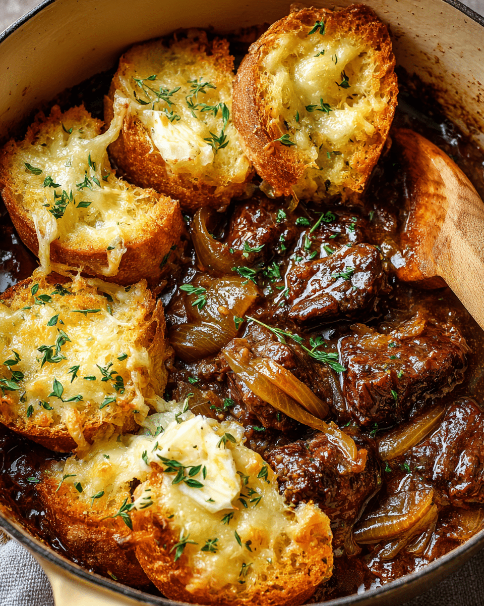 French Onion Beef Stew with Cheesy Bread Topping