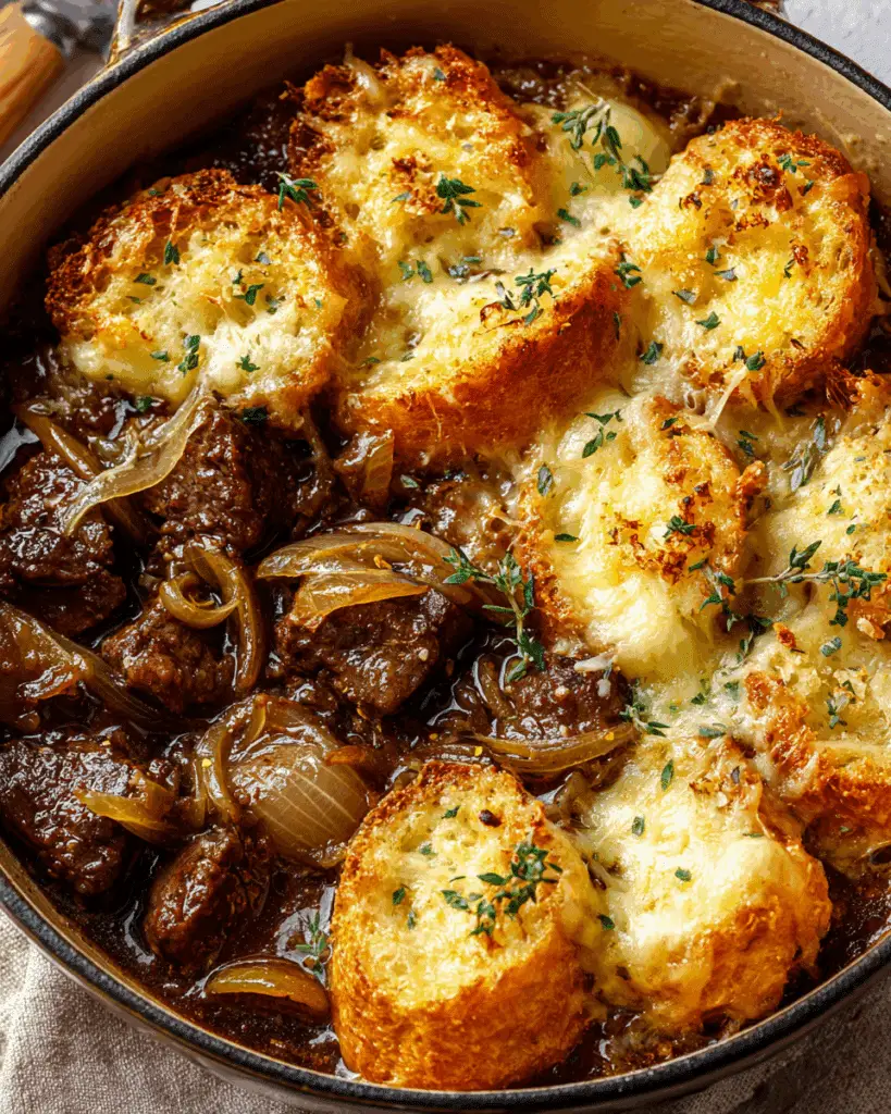 French Onion Beef Stew with Cheesy Bread Topping