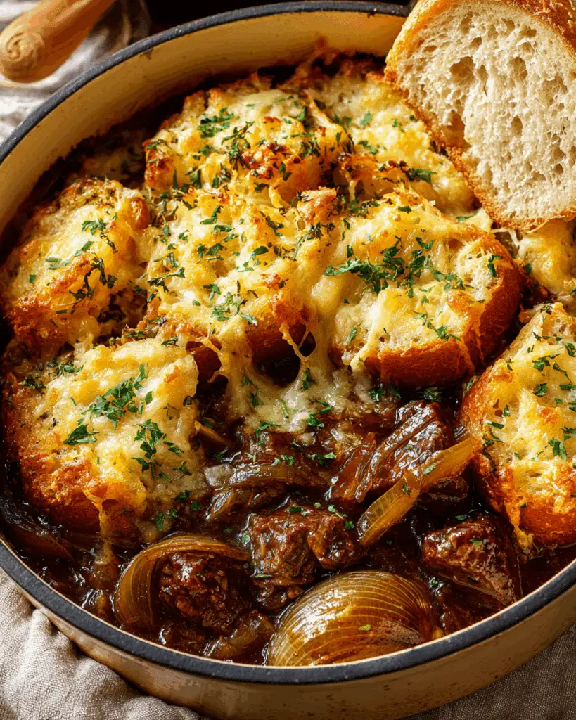 French Onion Beef Stew with Cheesy Bread Topping