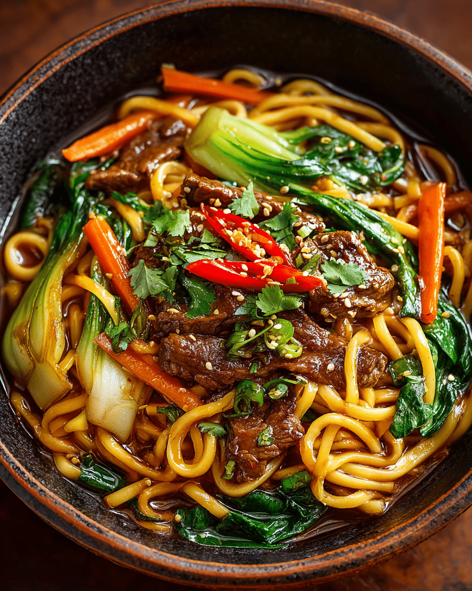 Spicy Cumin Beef Noodles with Carrots and Bok Choy