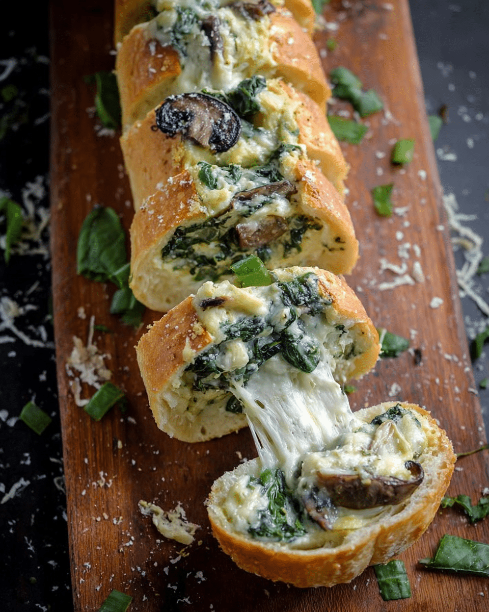Cheesy Spinach Artichoke & Mushroom Stuffed Baguette