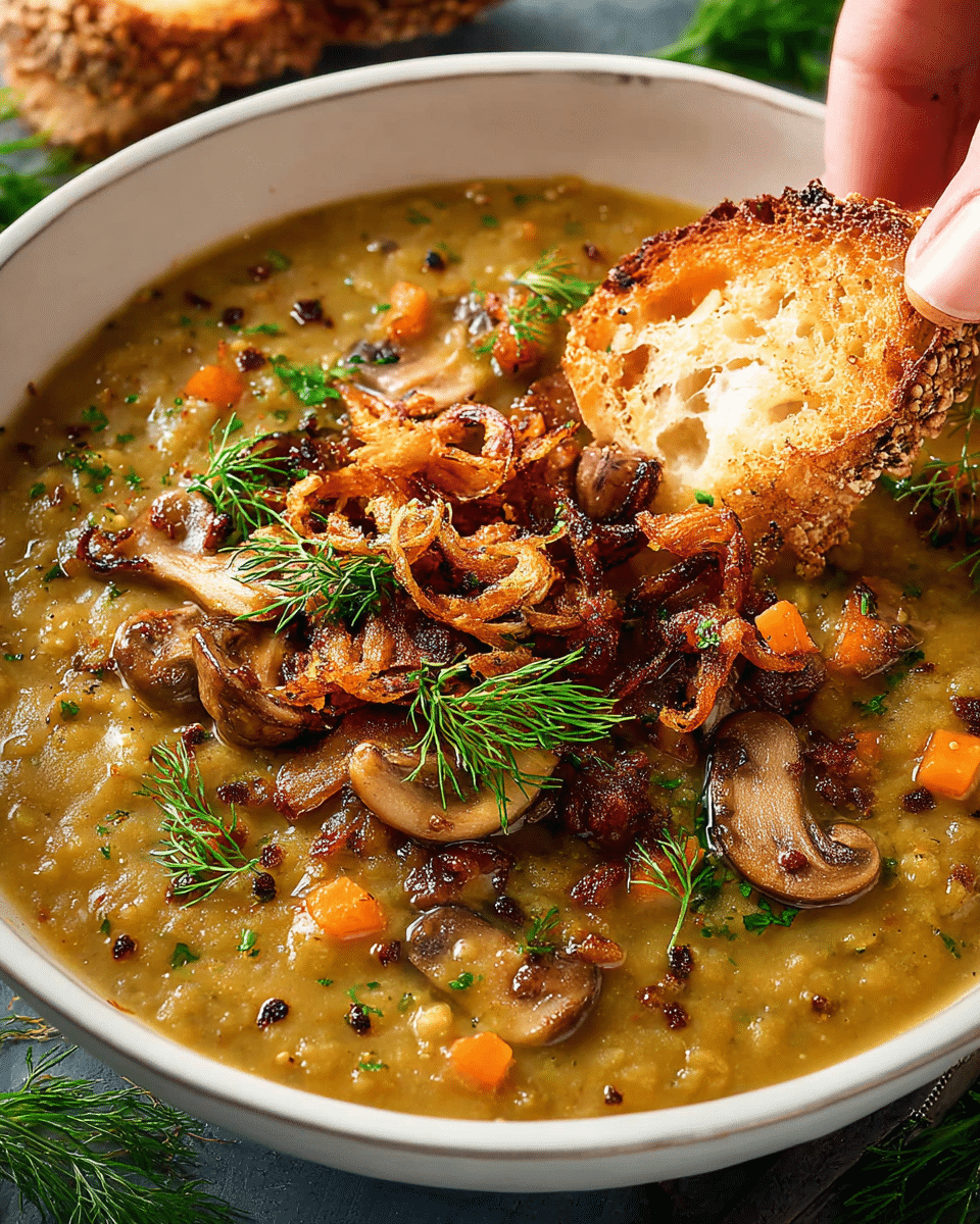 Cozy Split Pea Soup with Mushrooms Fresh Dill & Crispy Onions