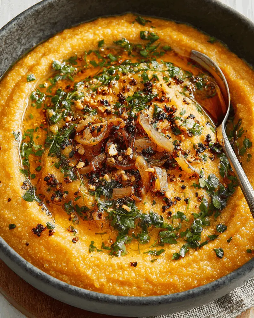 Creamy Amaranth with Carrot Purée & Caramelized Onions