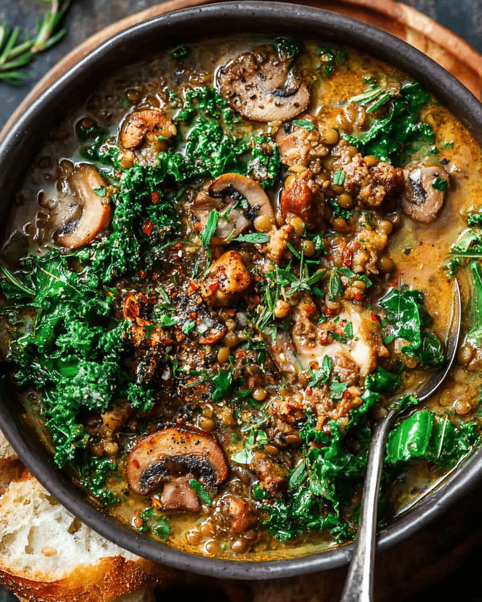 Creamy Ground Chicken Lentil and Mushroom Stew with Kale