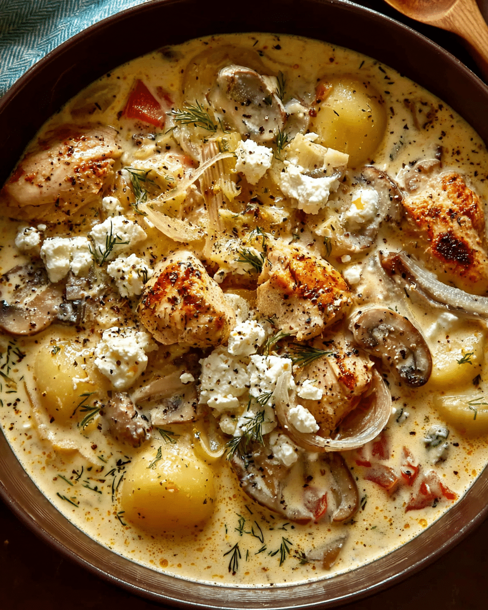 Creamy Lemon Chicken Stew with Mushrooms Leeks & Feta