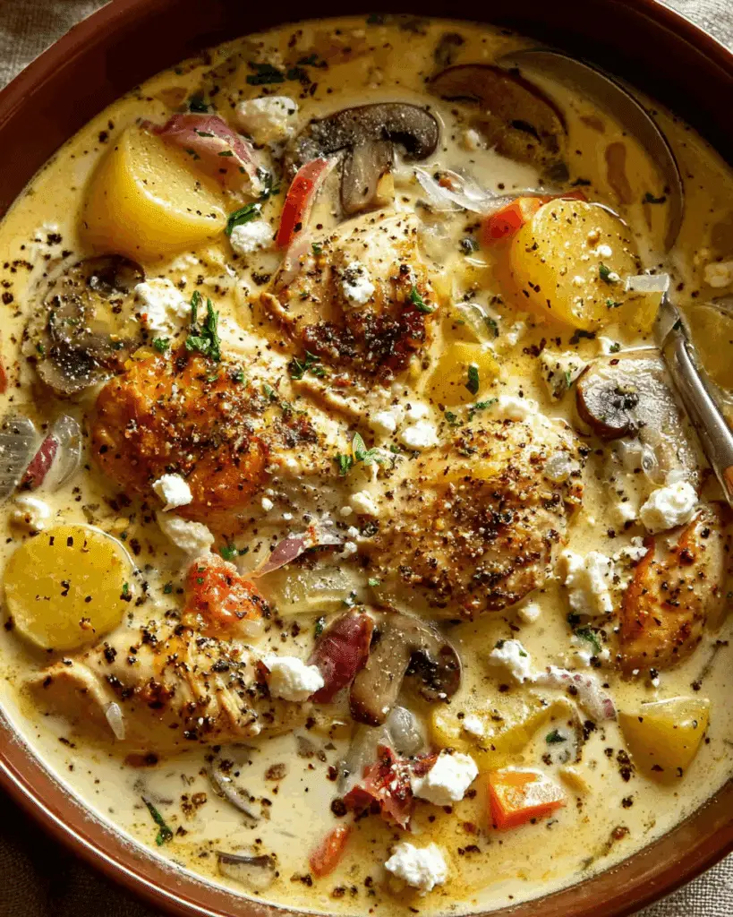 Creamy Lemon Chicken Stew with Mushrooms Leeks & Feta
