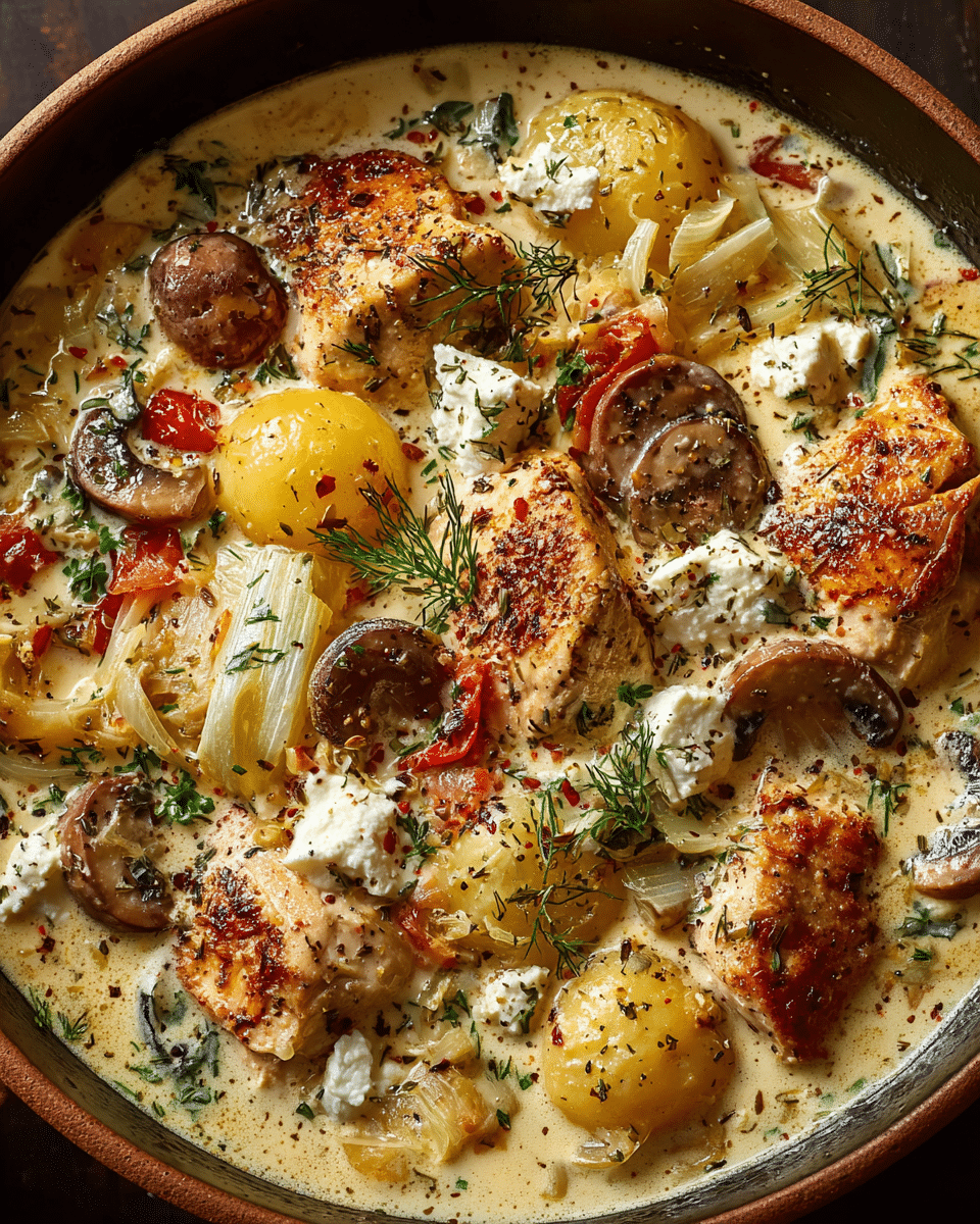 Creamy Lemon Chicken Stew with Mushrooms Leeks & Feta