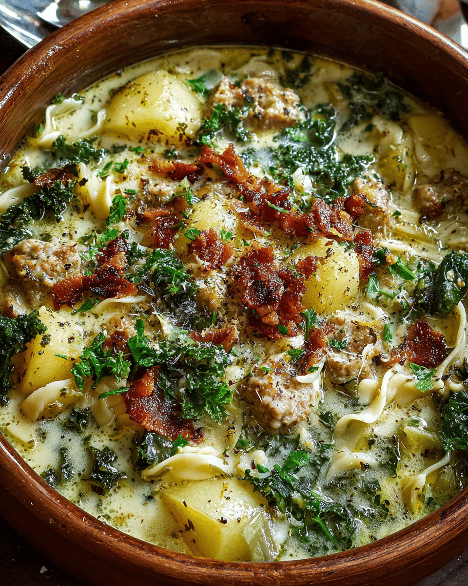 Easy Creamy Chicken Sausage Bacon Kale & Noodle Soup