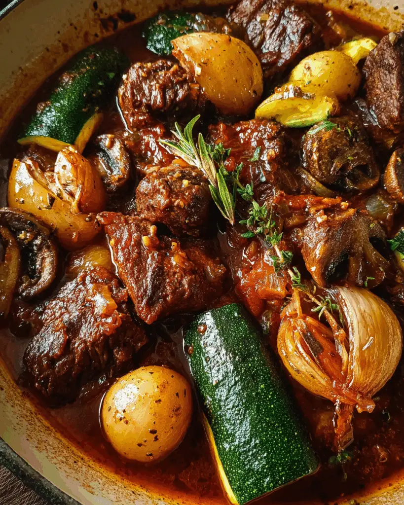 Greek Summer Beef Stifado with Zucchini & Mushrooms