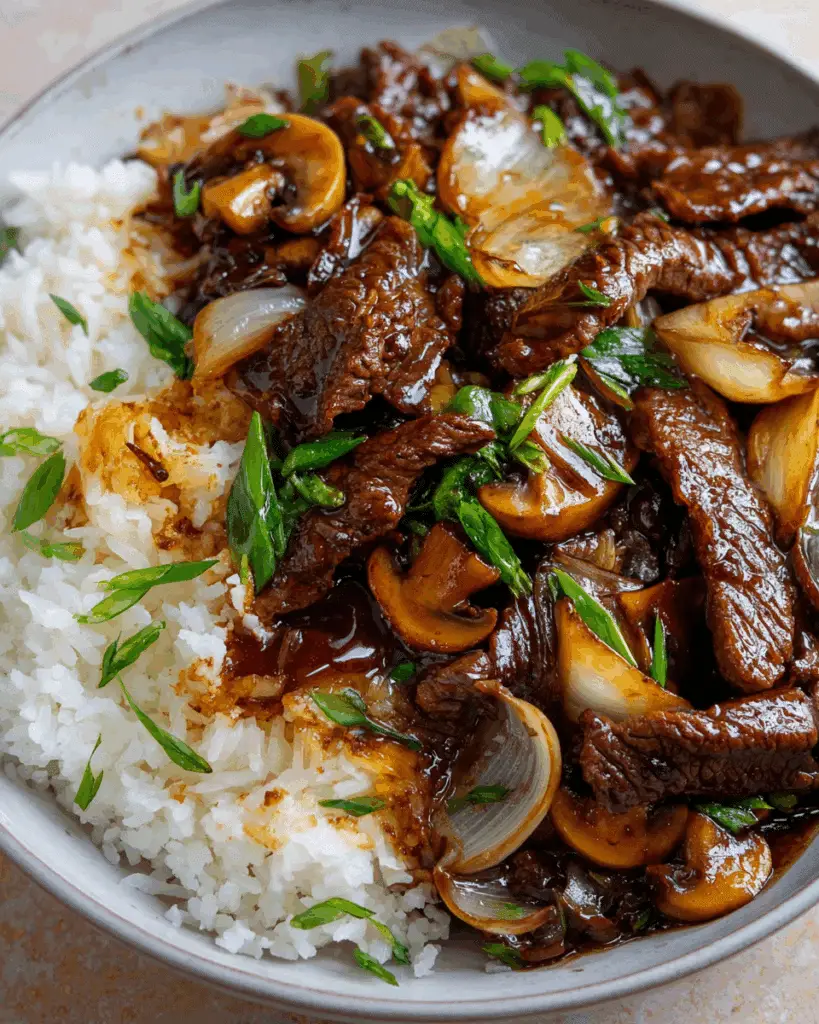 Beef Onion & Mushroom Stir-Fry Over Rice – Simple Comfort