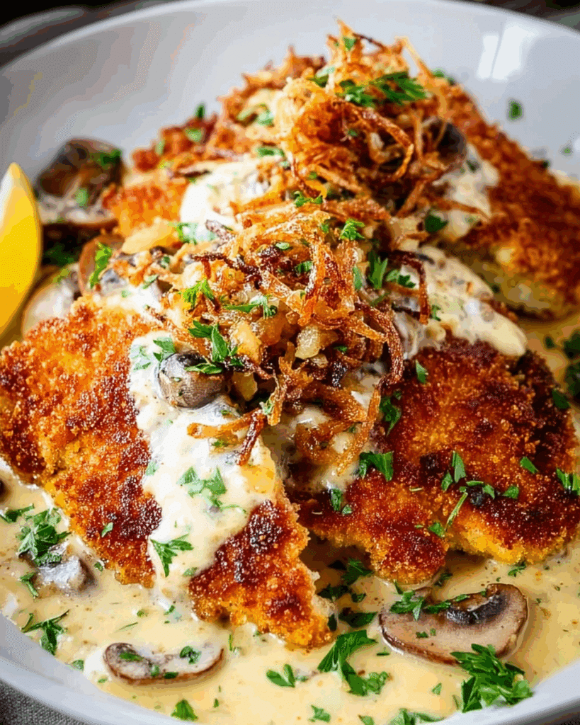 Crispy Veal Cutlets with Mushrooms & Creamy Dijon Sauce Delight