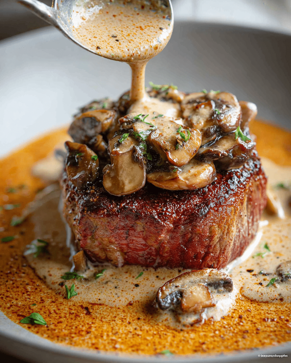 Filet Mignon with Creamy Mushroom Shallot Sauce Delight