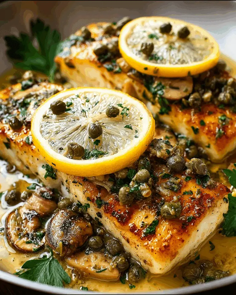 Garlic Butter Halibut with Mushrooms Lemon & Capers – Delicious