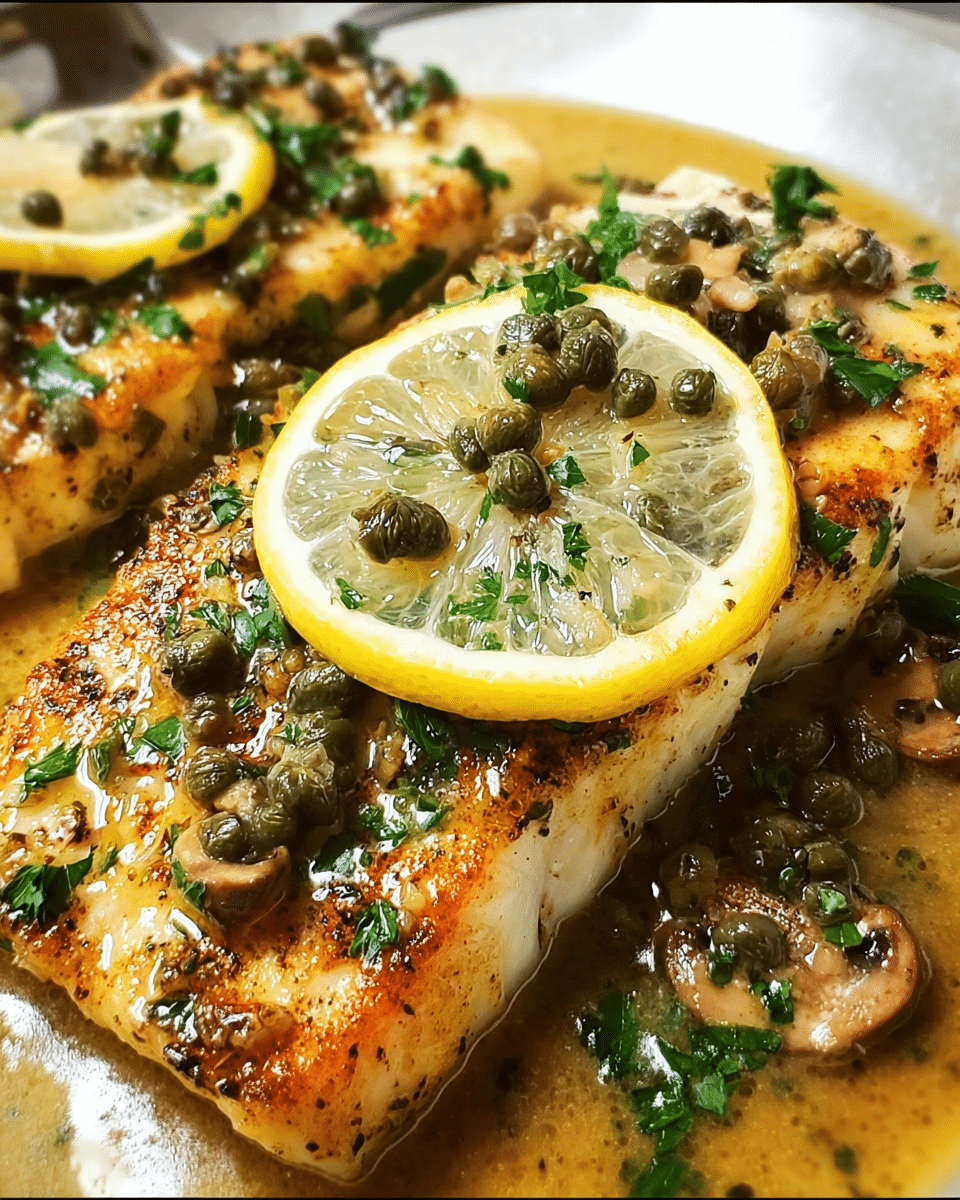Garlic Butter Halibut with Mushrooms Lemon & Capers – Delicious