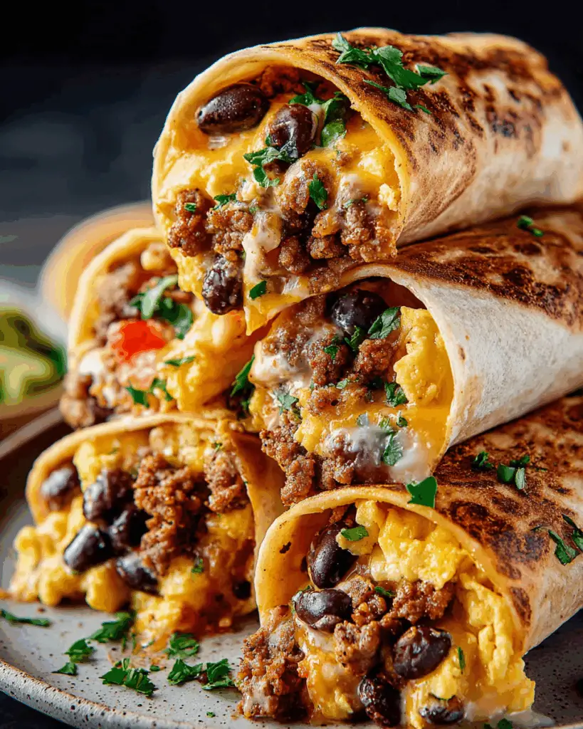 Loaded Cheesy Breakfast Burritos with Sausage Eggs & Beans