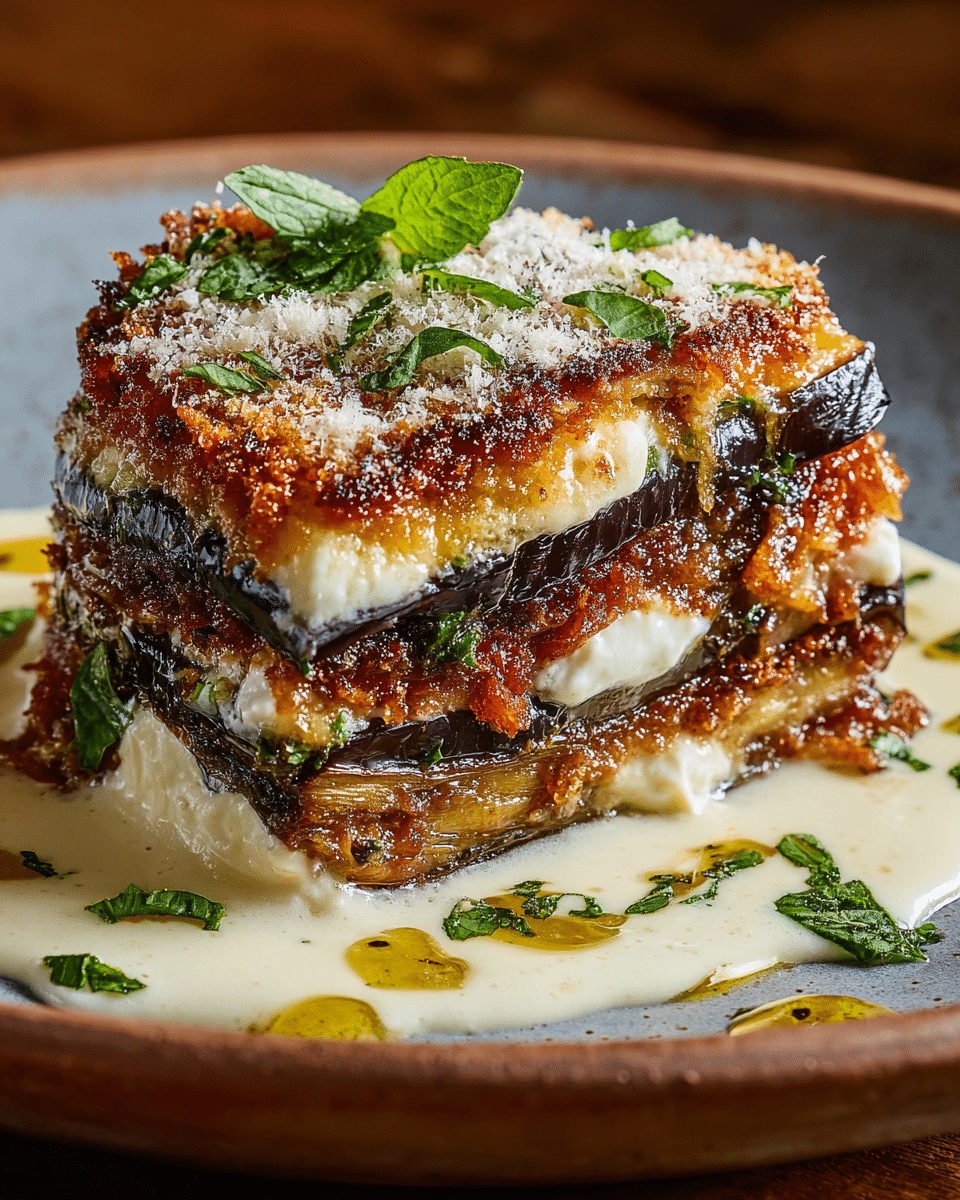 Burrata Eggplant Parmigiana with Caramelized Onions