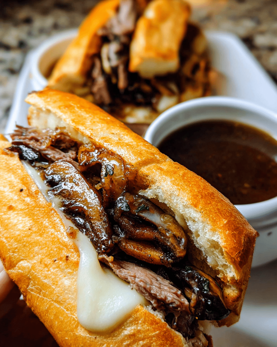 Slow Cooker French Dip Sandwiches with Garlic & Mushrooms