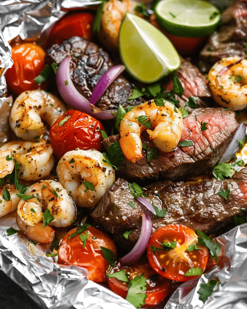 Surf & Turf Foil Packets with Sirloin and Shrimp Delight