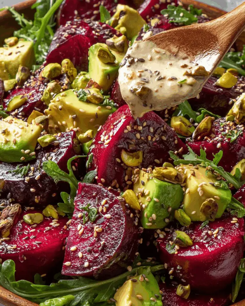 Roasted Beet and Avocado Salad with Creamy Lemon Tahini